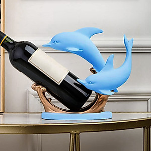 Kelendle Dolphin Wine Bottle Holder with Glass Storage Resin Tabletop Wine Storage Rack Decorative Wine Bottle Didplay Stand Shelf for Kitchen Bar Cabinets Decoration Blue