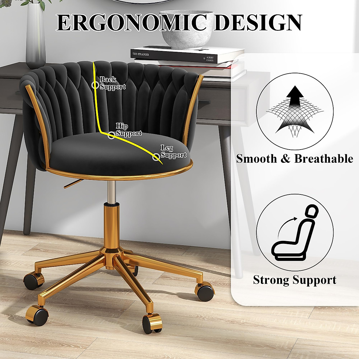GOOLON Velvet Desk Chair, Modern Office Chair with Wheels, Home Swivel Vanity Armchair with Woven Back Comfy Height Adjustable Seat Sturdy Golden Metal Rolling Base for Makeup Bedroom, Black