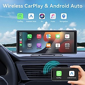 10.3 Inch Portable Carplay Screen for Car with Wireless Carplay and Android Auto,IPS Touch Screen Portable Car Stereo with Bluetooth, Mirror Link, GPS Navigation