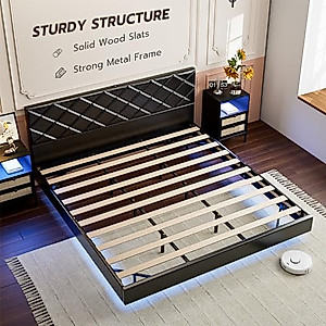 IKIFLY California King Floating Bed Frames with 2 USB Ports - Upholstered Faux Leather Cal King Platform Bed with LED Lights, No Box Spring Needed, Solid Wood Slats, Easy Assembly - Black