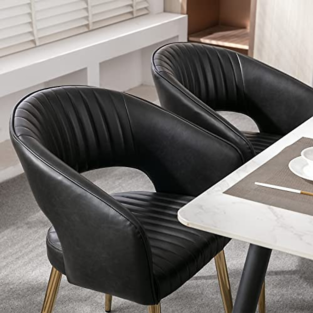 Guyou Set of 6 Modern Dining Arm Chairs Gold Legs, PU Leather Upholstered Dining Room Chair Hollow Back Guest Side Chair with Quilting Padded Cushion for Living Room (Black Faux Leather, 6 Pack)