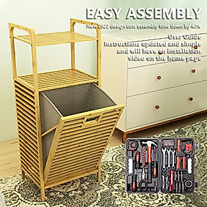 Bamboo Laundry Hamper Basket with Liner Bag Storage - Clothes Hamper with Handles 2-Tier Shelves Space Saving Laundry Room Shelves for Bathroom Living Room Bedroom Decorate