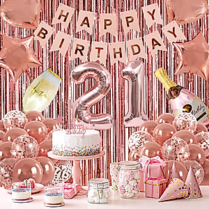 RUBFAC 21st Birthday Decorations for Girls, Rose Gold Sweet 21 Birthday Party Decoration for Her, 21st Happy Birthday Pre-Strung Banner Kits Rose Gold Balloons Decoration for Birthday Party Supplies