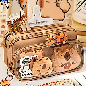 GUANGLU Cute Capybara Pencil Case, Clear Aesthetic Pencil Pouch with Cute Capybara Pins and Plush, Large Capacity Multi-layers Pen Case Cute Stationery School Supplies