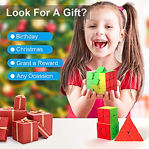 Roxenda Speed Cube Set, Speed Cube Bundle of 2x2 3x3 4x4 and Pyramid Cube Smoothly Stickerless Magic Cubes Collection for Kids Teens & Adults [4 Pack] (Stickerless)