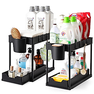 2 Pack Under Sink Organizers and Storage,Multi-purpose Storage Rack For Kitchen Bathroom Under Sink With 4 Hooks and A Hanging Cup, 2 Tier Under Sink Organizers with Sliding Bottom Basket,Black
