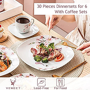 VEWEET, Series Annie, 30-Piece Porcelain Dinnerware Set with Pink Floral Pattern, White Plates and Bowls Sets including Dinner Plates, Dessert Plates, Soup Plates Set, Cups & Saucers, Dishes Set for 6