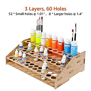 Amazon Basics Craft Paint & Brush Organizer Rack, Holds up to 60 Bottles (52 1-inch bottles and 8 1.47-inch bottles) and 22 brushes - 14 x 8 Inches, Wood Finish