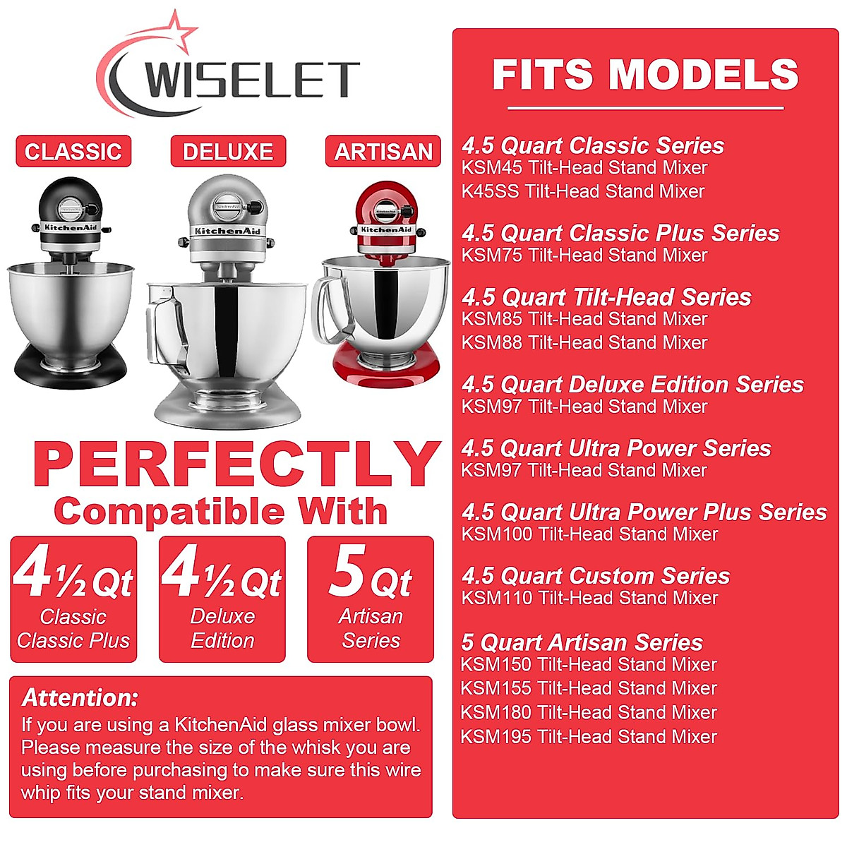 K45WW Stainless Steel Wire Whip for KitchenAid Artisan Series Tilt-Head Mixer 5 Quart Bowl, 6 Wire whisk Fits for Artisan Mixer, Heavy Duty, Dishwasher Safe, Balloon Whisk