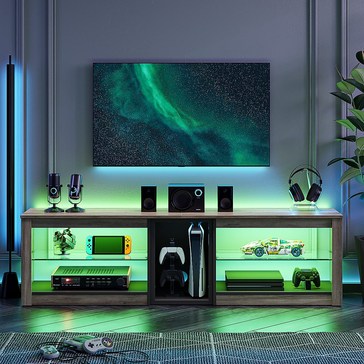 Bestier TV Stand for 70 inch TV, Gaming Entertainment Center for PS5, LED TV Cabinet with Glass Shelves for Living Room, 63'' Inch, Grey Wash