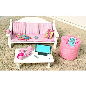 Playtime by Eimmie 18 Inch Doll Furniture - Doll Couch & Coffee Table with Living Room Accessories - Fits American, Generation, My Life & Similar 14"-18" Girl Dolls - White Wood Playset