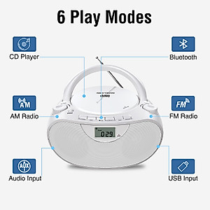 Nextron Portable Stereo CD Player Boombox with AM/FM Radio, Bluetooth, USB, AUX-in, Headphone Jack, CD-R/RW and MP3 CDs Compatible, Clear and Full Sound with Bass Boost, AC/Battery Operated – White