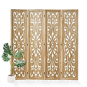 Svimi Folding Room Divider, 66.9 Inch Wood Carved Privacy Screens, Free Assembled Freestanding Portable Classical Decorative Partition for Home Office Restaurant Bedroom (4 Panels, Natural)
