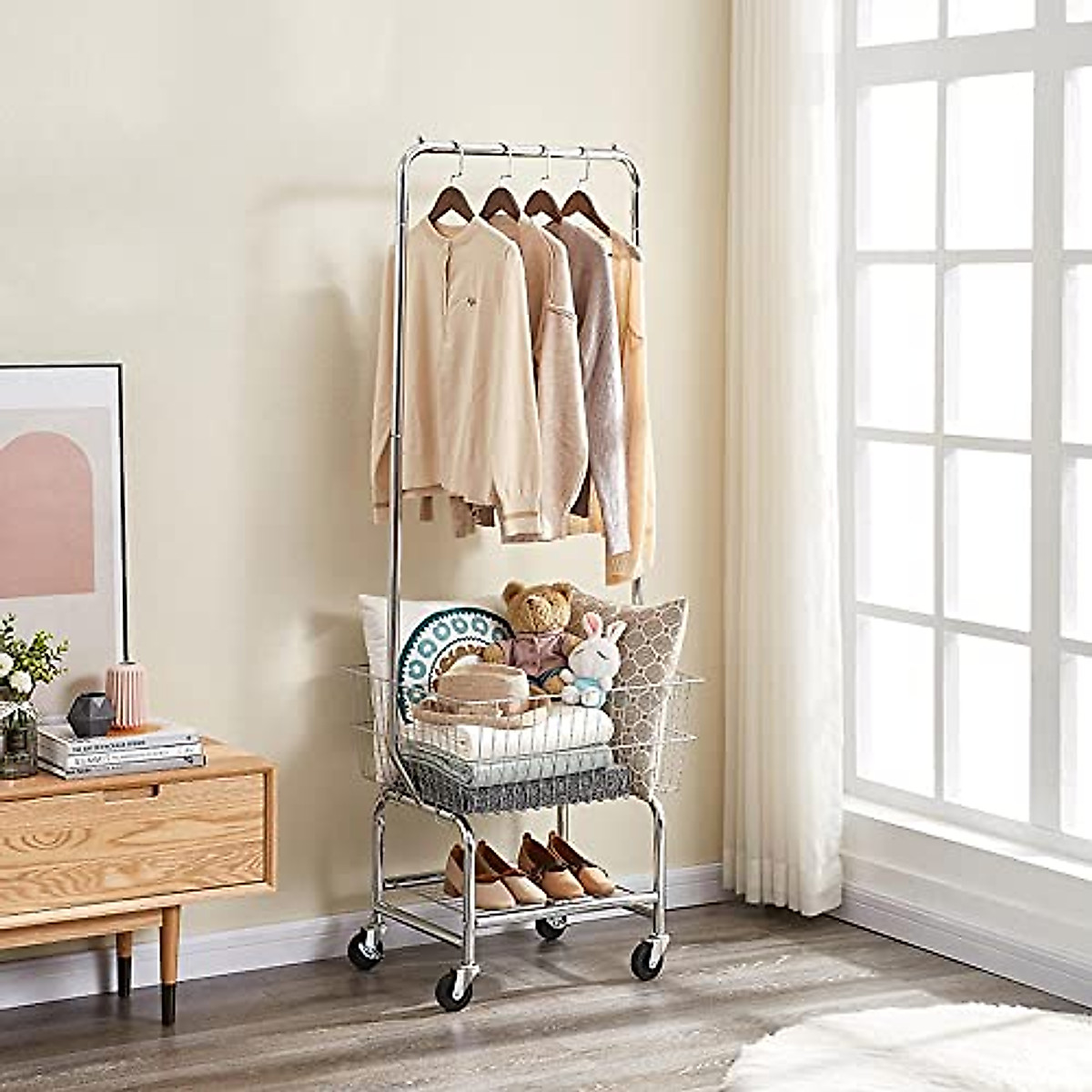 Yaheetech Rolling Laundry Bakset with Wheels, Laundry Cart with Hanging Rack, Metal Laundry Hamper Basket Butler Cart with Wheels and Wire Storage Rack, Silver