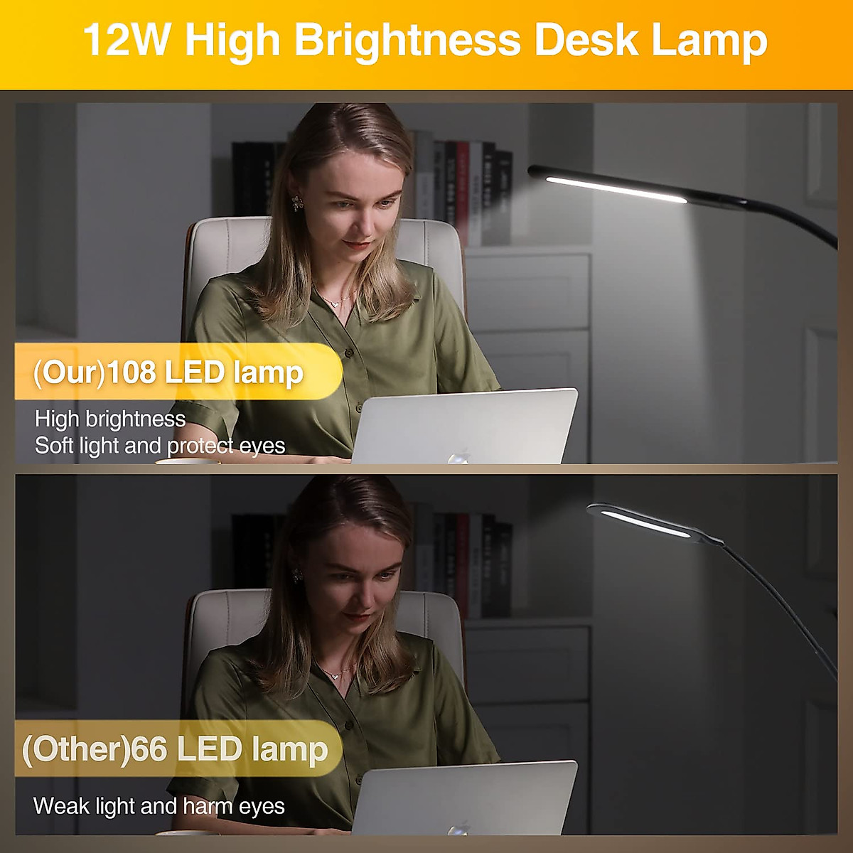 Desk Lamp Clamp, 12W Bright LED Desk Light for Home Office, Eye-Caring Table Light for Dorm Room, 3 Color 10 Brightness, Long Flexible 360° Goosenecks, Metal Swing Arm, 10W USB Adapter, Black.