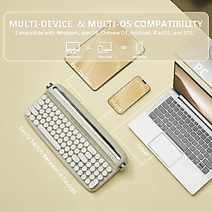 YUNZII Upgraded Wireless Typewriter Keyboard,with Retro Integrated Stand,USB-C/Bluetooth,Cute Round Keycaps, USB-C/Bluetooth Connection for Table, Phone, PC and Win/Mac/Android (B309, Ivory Butter)