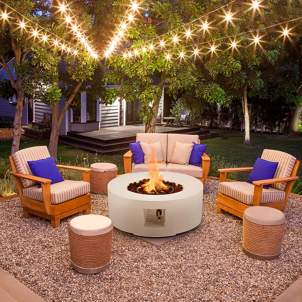 ECOTOUGE Outdoor Propane Firepit Table Set, 30 Inch Auto-Ignition Round Gas Fire Pit, 50,000 BTU Steel Fire Table w/Weather-Resistant Pit Cover, Lava Rocks, No Tank Holder, White