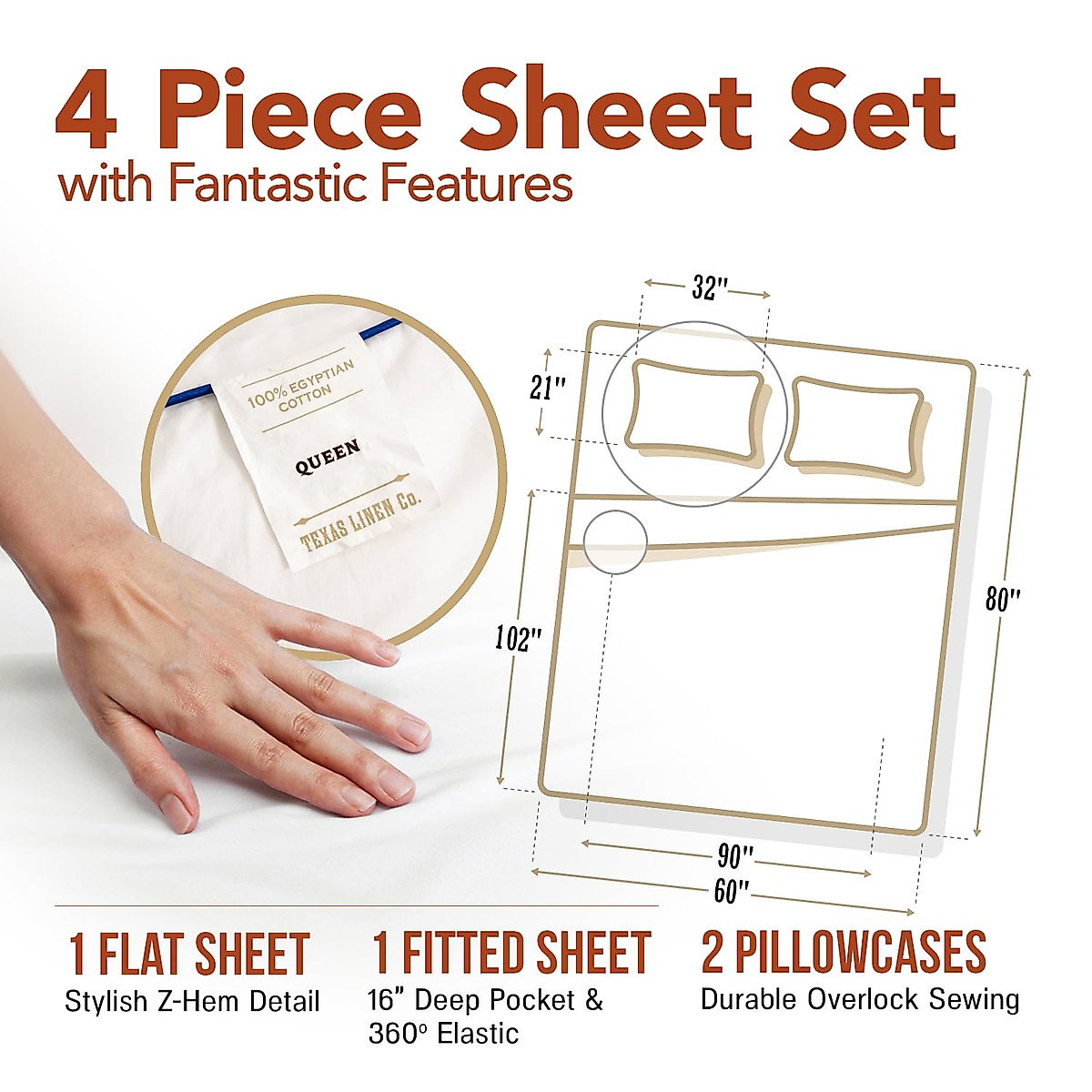 TEXAS LINEN CO. Luxury Egyptian Cotton Queen Stripe Sheet Set, 600 Thread Count Extra Long Staple 4 PC Set, Queen White Damask Sheets, Soft, Cooling Sateen Weave Sheets Upto 18 in Deep Pocket