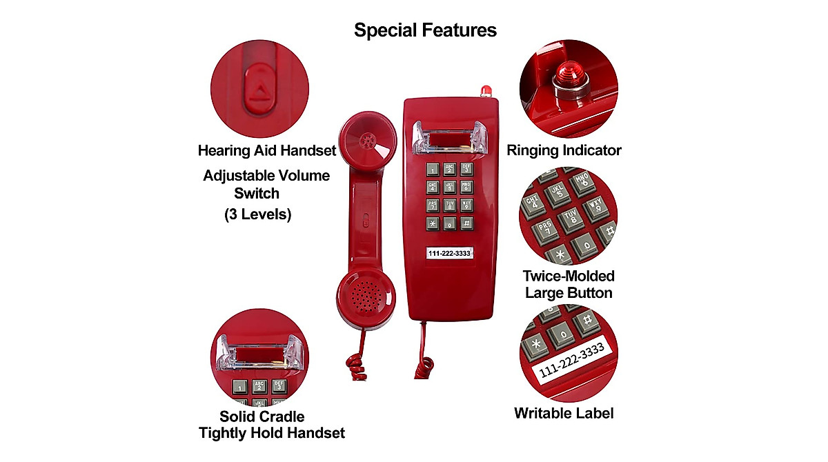 Retro Wall Phone Landline – Classic Red Phone with Voicemail Alert