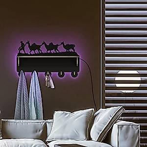 The Geeky Days Llama Desert Mammal LED Key Holder for Wall, Wooden Wall Mounted Hat Coat Rack with Mail Medal Organizer Shelf, 5 Metal Hooks Hanger, Remote Control 7 Color Light, for Home Decor