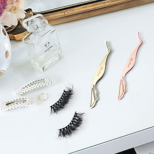 Miuffue Lash Applicator Tool DIY False Eyelash Applicator Tool Stainless Steel Curved Eyelash Tweezers for Clusters and Strip Lashes, Rose Gold