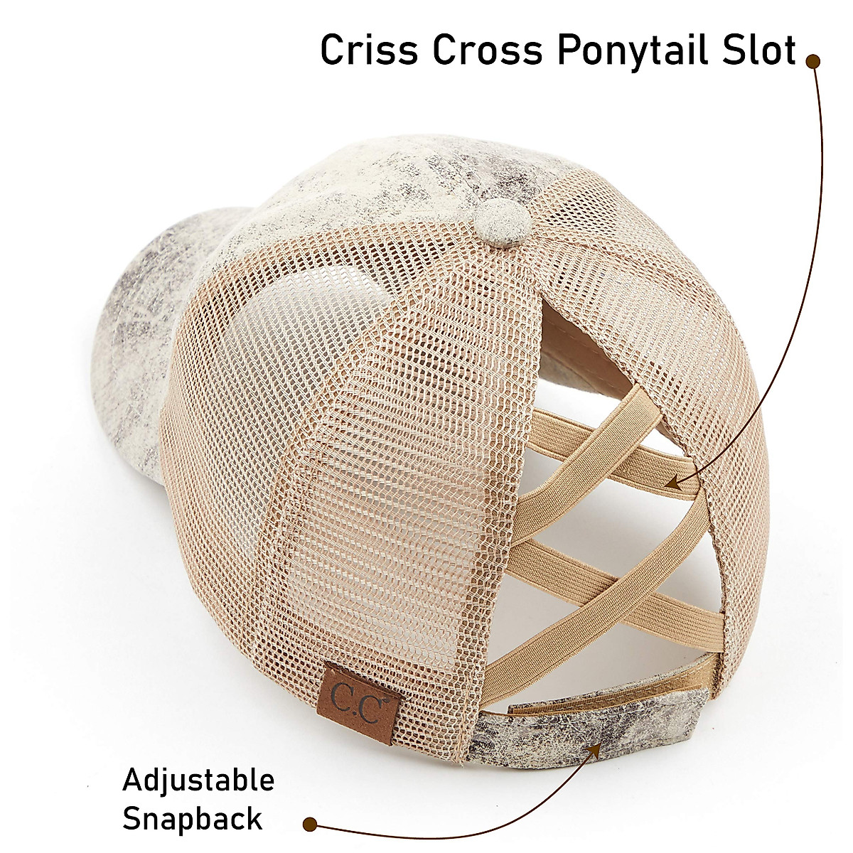 C.C Exclusives Washed Distressed Cotton Denim Criss-Cross Ponytail Hat Baseball Cap Bundle Hair Tie (BT-923) (A Elastic Band-Vintage Faux Leather Beige)