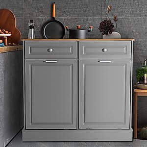 UEV Double Kitchen Trash Cabinets,Two Tilt Out Trash Cabinets with Solid Hideaway Drawers,Free Standing Wooden Kitchen Trash Can Recycling Cabinet Trash Can Holder (Grey)