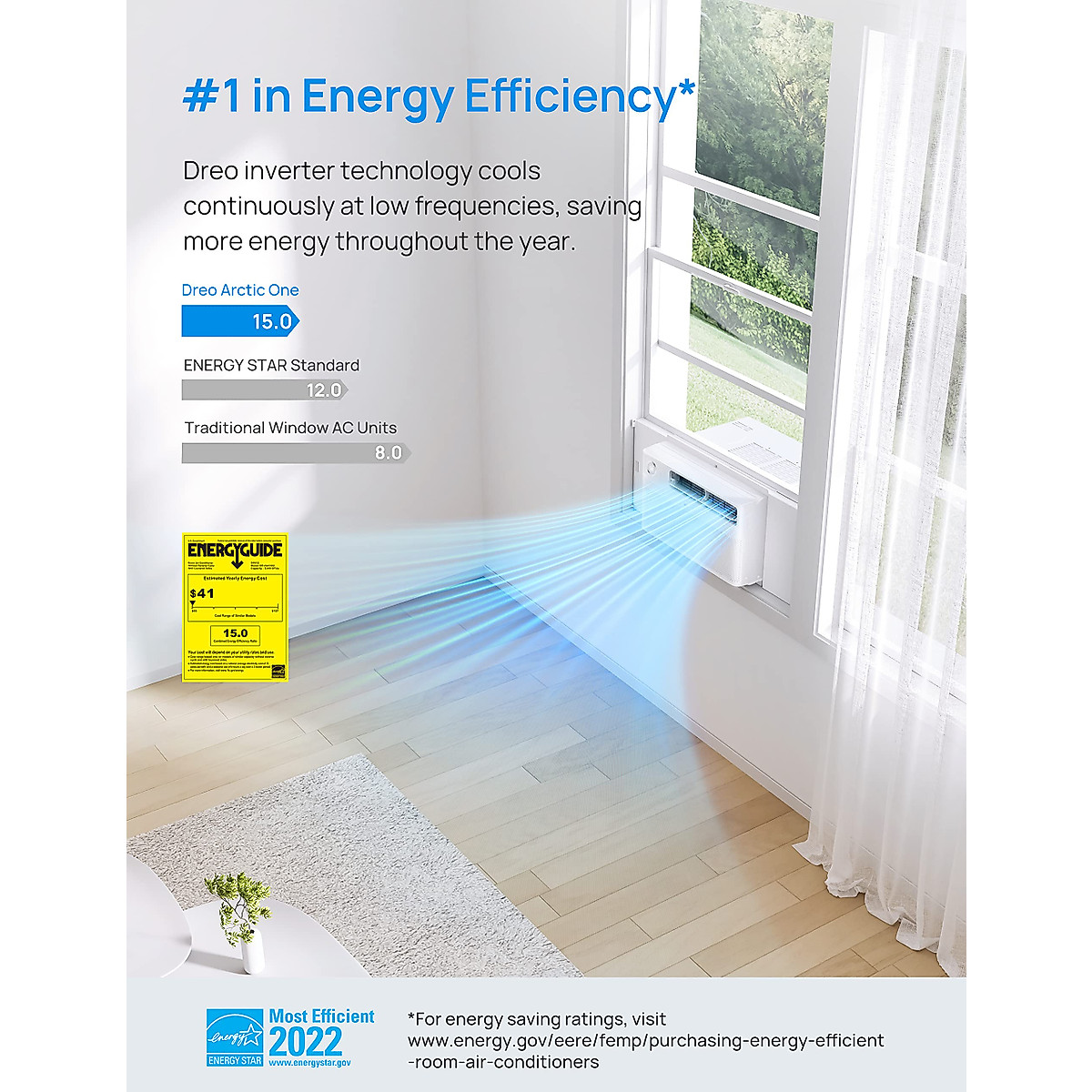 Dreo Inverter Window Air Conditioner, 7500 BTU AC Unit for Room Bedroom, Easy Installation, 42 db Ultra Quiet, ENERGY STAR Certified, 35% Energy Savings, Cools 200-350 sq ft