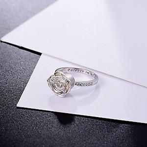 BEILIN Sterling Silver Rose Flower Urn Ring for Ashes Hold Loved Ones Forever in My Heart Cremation Jewelry Urns Ring for Women (10)