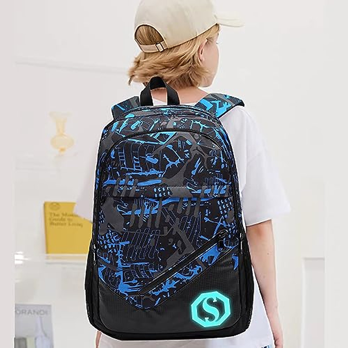 Backpack for Kids Boys Elementary Bookbag 17 Inch Middle School Bag Primary Waterproof Rucksack for Teens Travel Fits Ages 6+ YO（Graffiti-Blue Black)