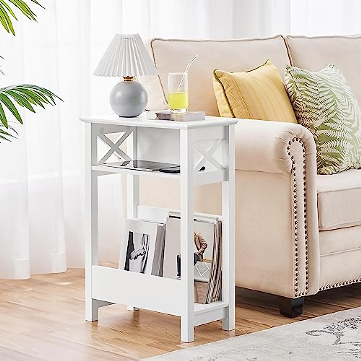 Yaheetech Small Side Table with Storage Shelf, 3-Tier Slim End Table with Magazine Rack, X Shaped Magazine Table for Living Room Home Office Balcony Small Spaces, 20? L � 10? W � 28? H, White