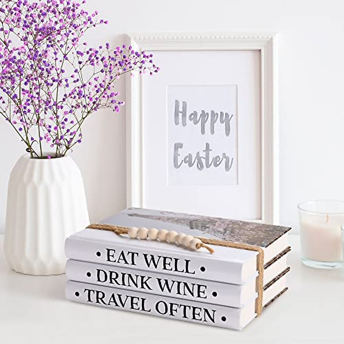 KHATEE Decorative Books for Home Decor - Cherry Blossom Design - Stacked Faux Books for Decoration with Rope & Beads - Rustic Farmhouse Decor for Table, Shelf, Mantel - 3-Piece White Book Decor Set