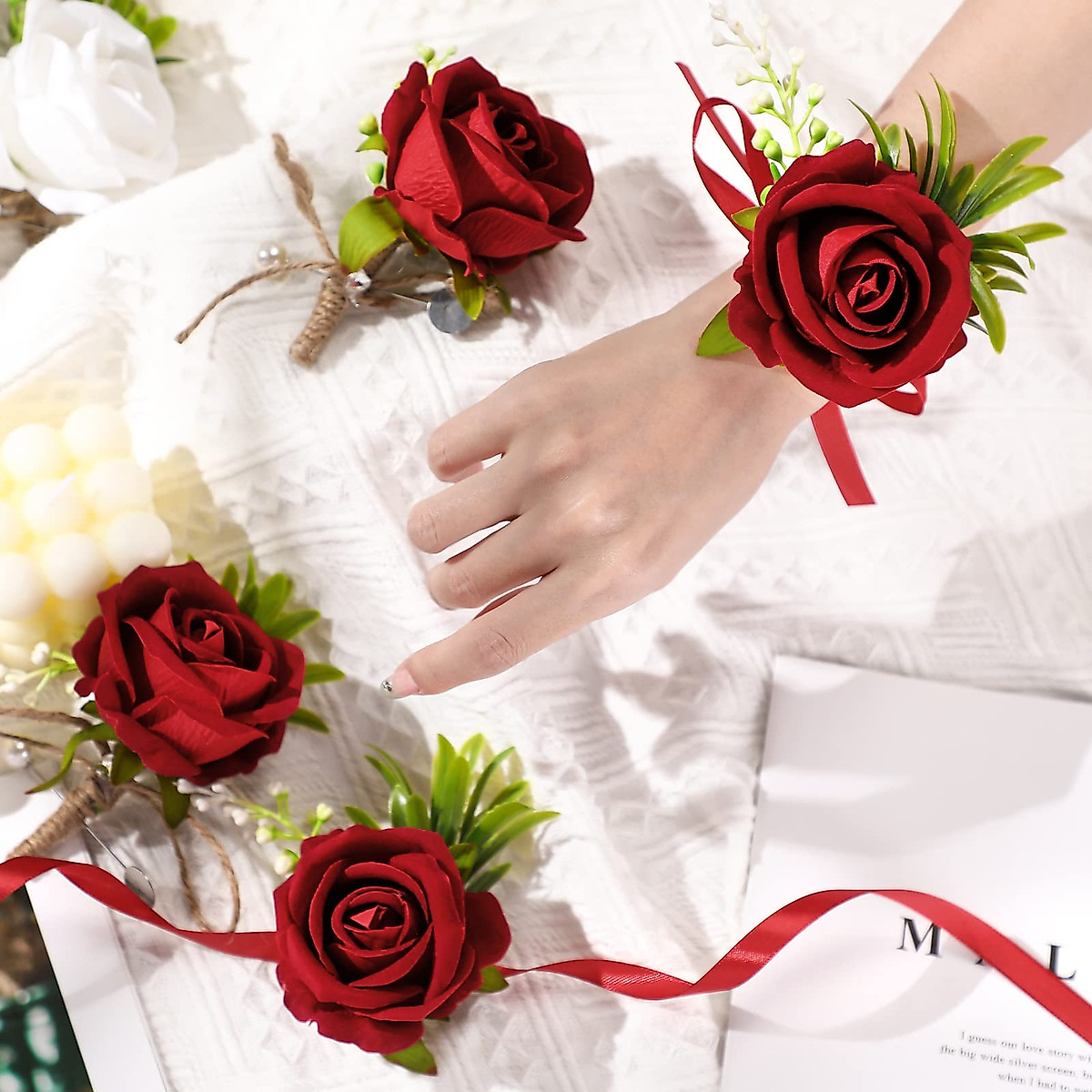 4 Pcs Corsage and Boutonniere Set, 2 Rose Wrist Corsage Wristlet Band Bracelet for Prom and 2 Boutonniere for Men Wedding Groom Flowers Accessories Suit Decoration (Burgundy)