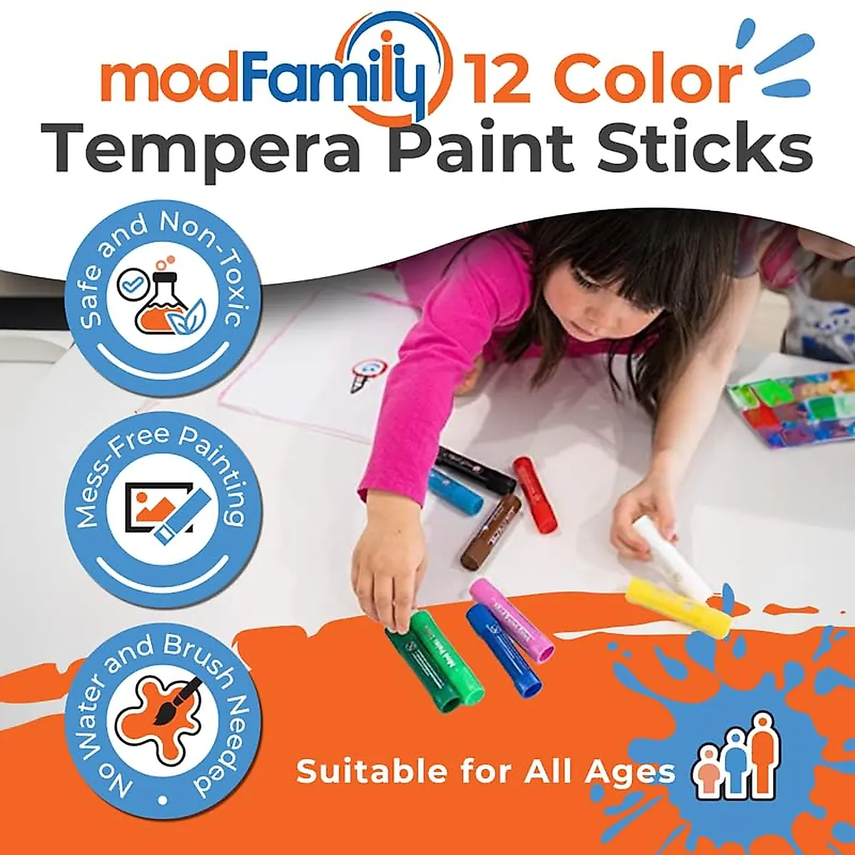 Mod Paint Sticks, 12 Pcs Washable Paint Solid Tempera Paint for Kids, Non-Toxic Washable Kids Paint & Quick Drying Paint Markers for Kids by ModFamily