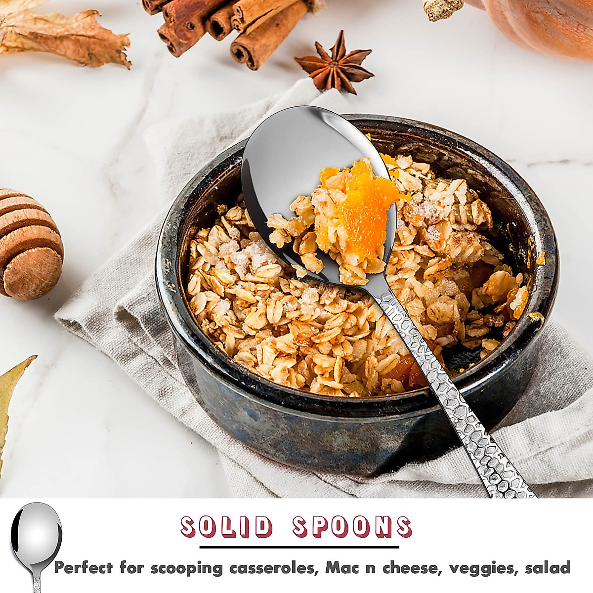 Hammered Serving Spoons, E-far 8-Piece Metal Serving Utensils Set - Solid Spoons x 4, Slotted Spoons x 4, Stainless Steel Hostess Serving Tablespoons Set for Catering Buffet Party Kitchen Restaurant