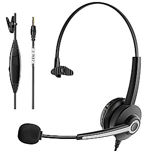 Voistek 3.5mm Phone Headset with Microphone Noise Cancelling & Call Controls, Computer Headphone with Microphone for PC iPhone Laptop Business Skype Softphone Call Center Office - Monaural