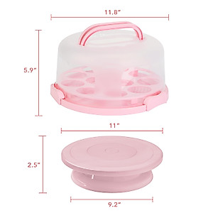 DZ CLAN Cake Carrier, Carrier Cupcake Holder with Cake Turntable, Cake Carrier with Lid and Handle(Pink)