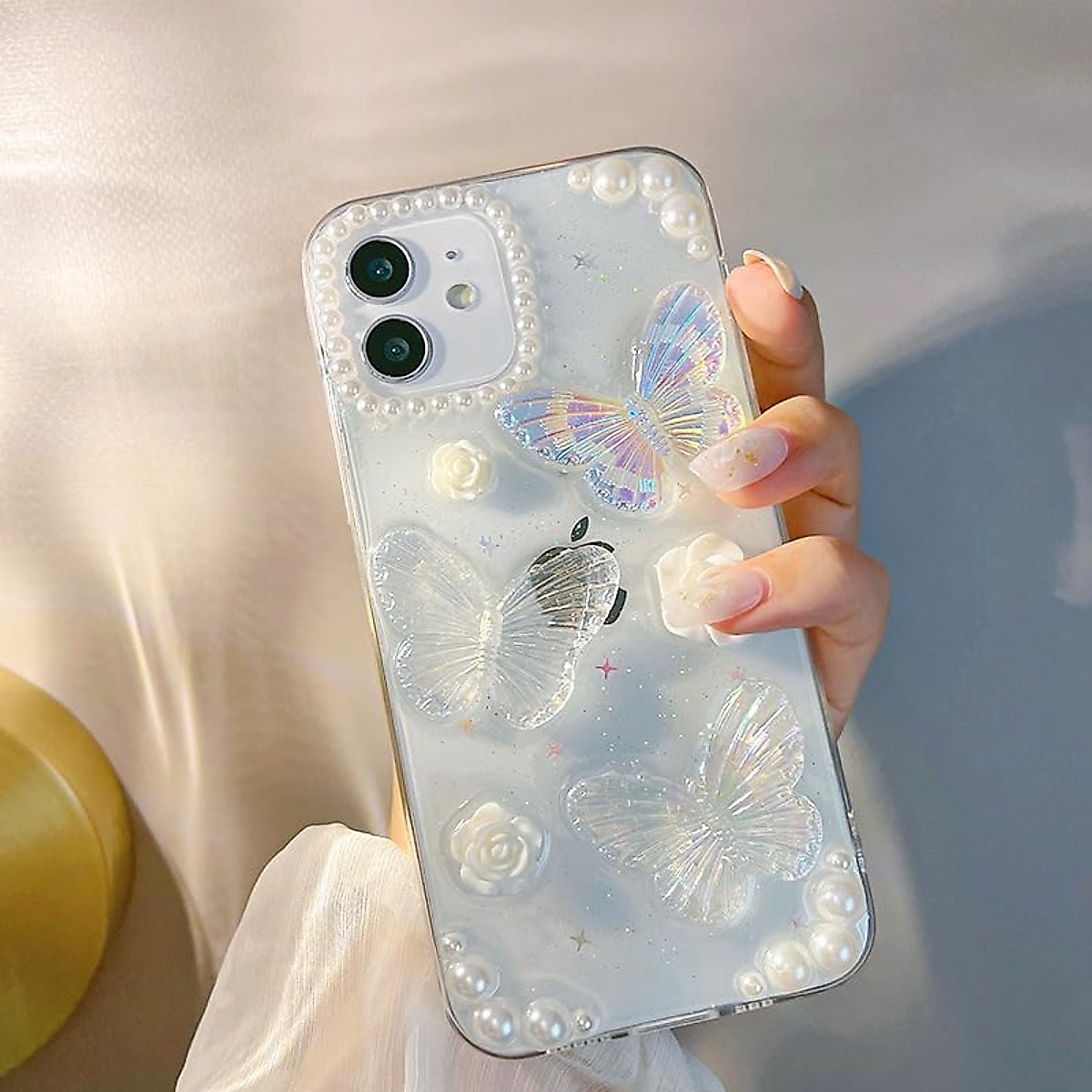 LOLAGIGI for iPhone 13 Pro Max Case Cute Butterfly Flower Pearl 3D Twinkle Glitter Spark Luxury Girly Aesthetic Personalized Design for Women Girls Transparent Epoxy TPU Case, 6.7", Clear