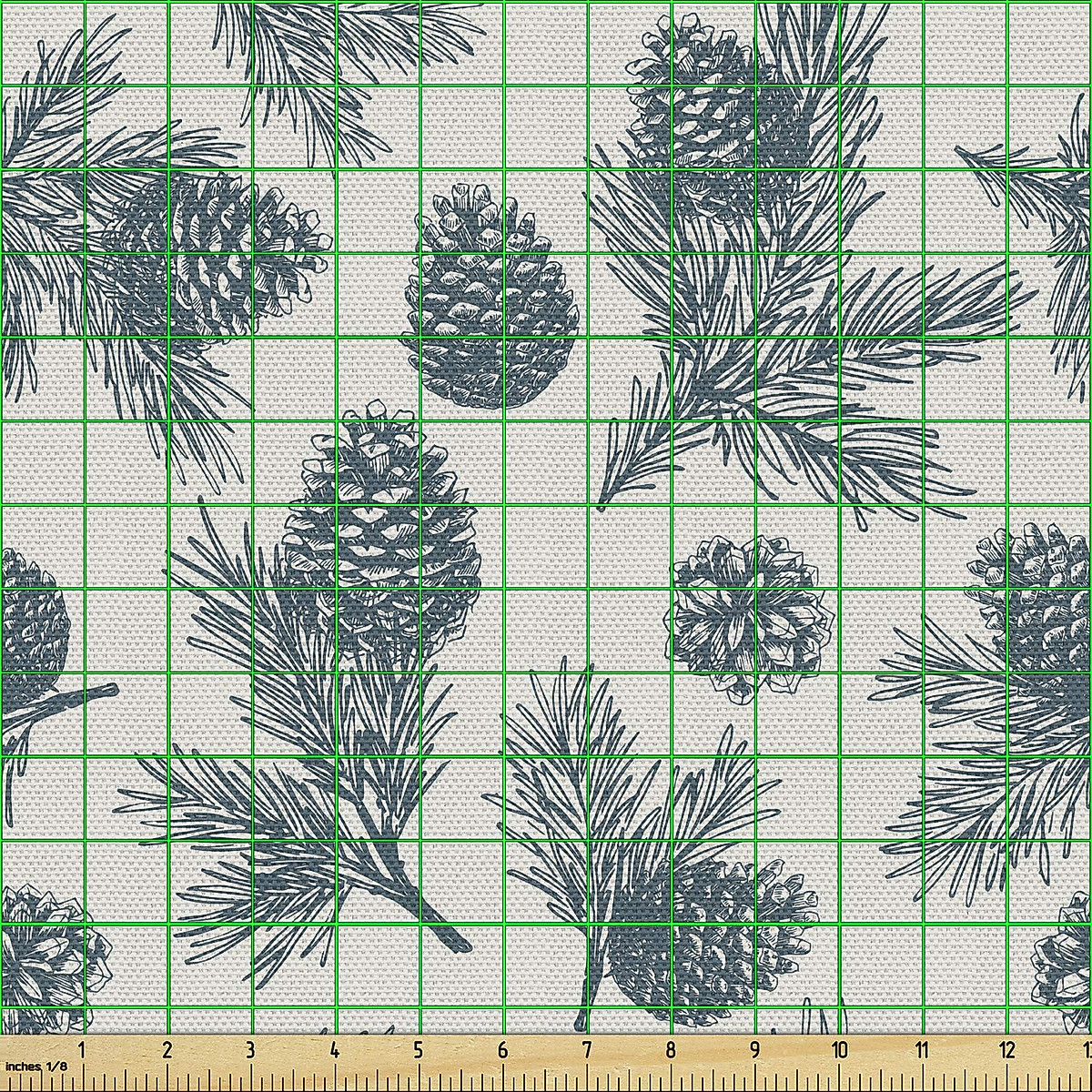 Lunarable Pine Cone Fabric by The Yard, Winter Themed Botanical Pattern and Needles Branches Print, Decorative Fabric for Upholstery and Home Accents, 2 Yards, Pearl and Slate Blue