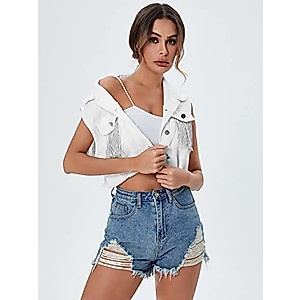 Verdusa Women's Fringe Raw Trim Sleeveless Denim Vest Jean Jacket Coat White S