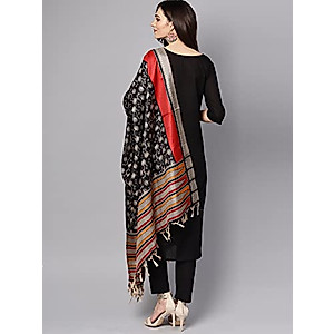 Arayna Women's Cotton Solid Straight Kurta Set with Palazzo Pants and Printed Dupatta, Black, Medium