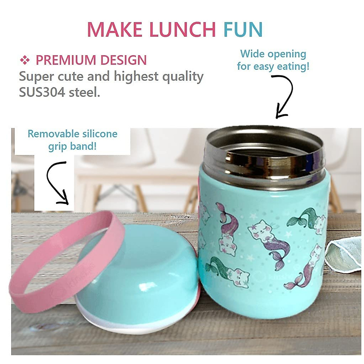Lunch Box, Water Bottle and Thermos Food Jar Bundle Set for School Kids, Girls, Insulated Bag, Steel Thermos, Aqua Pink Mermaid Cat