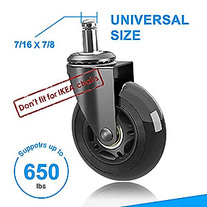 3" Office Chair Caster Wheels Replacement for Hardwood,Carpet,Tile,Universal Fit Standard Stem 7/16",Mute & Smooth Rolling Rubber Wheels for Chair to Replace Office Chair Mat,Set of 5