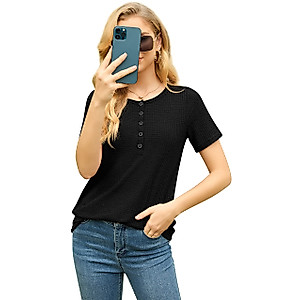IWOLLENCE Womens Button Down Shirt Short Sleeve Henley Shirt Waffle Knit Tunic V Neck Tops Loose Fit Black Large