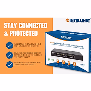 Intellinet 8-Port Gigabit Ethernet PoE+ Switch with PoE Passthrough - 85W PoE Budget, 30 W per Port, 16 Gbps Switch Fabric - 3 Yr Mfg Warranty-561679
