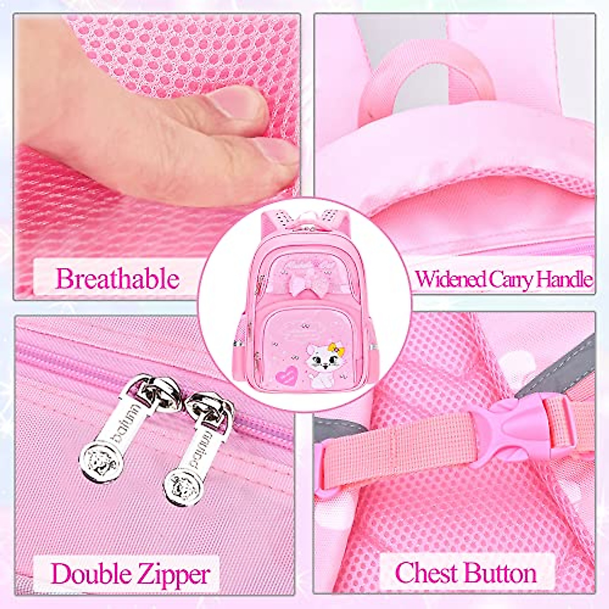 MOCCNORA Girls Backpack 16 Inch Cute Cat Backpack for Girls Princess Bowknot Backpack with Lunch Bag for Primary Students