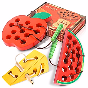 KLT Lacing Toy for Toddlers, Wooden Threading Toy Kids Travel Car Airplane Activities, Road Trip Essentials Games, Educational learning Fine Motor Skills Montessori Toys 1 Apple,1 Watermelon, 1 Cheese