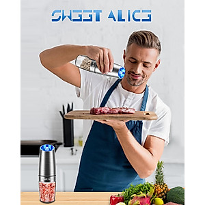 Gravity Electric Pepper and Salt Grinder Set, Salt and Pepper Mill & Adjustable Coarseness, Battery Powered with LED Light, One Hand Automatic Operation, Stainless Steel (Set/Silver)