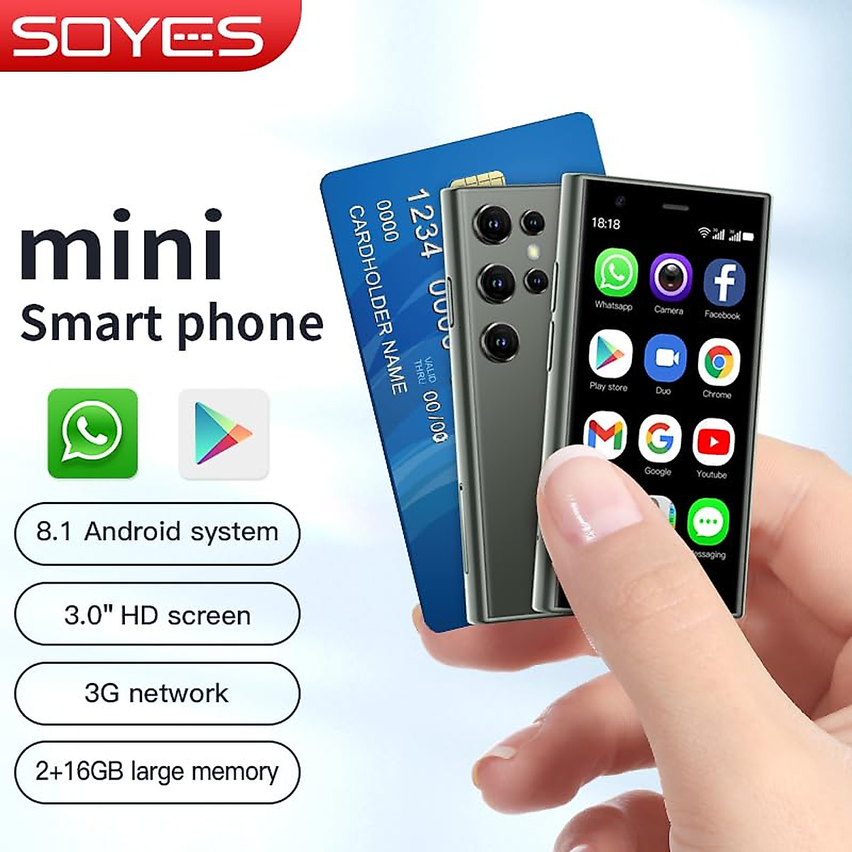 Small Size Cellphone SOYES S23 Pro 3G Mini Smartphone 2GB RAM 16GB ROM Android 8.1 Touch Screen Creative Gift for Kid 3.0Inch Small Mobile Phone (Green)