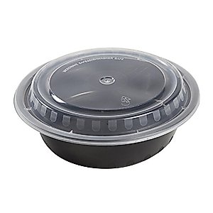 AmerCare 6 Inch Round Black Plastic Containers with Lids, 16 Ounces for Microwave or Freezer, Pack of 150